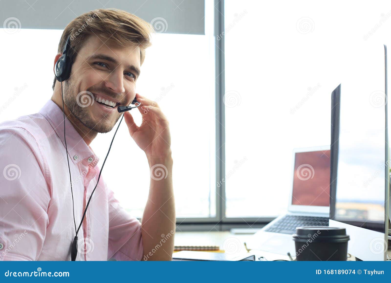 Smiling Friendly Handsome Young Male Call Centre Operator Stock Photo ...