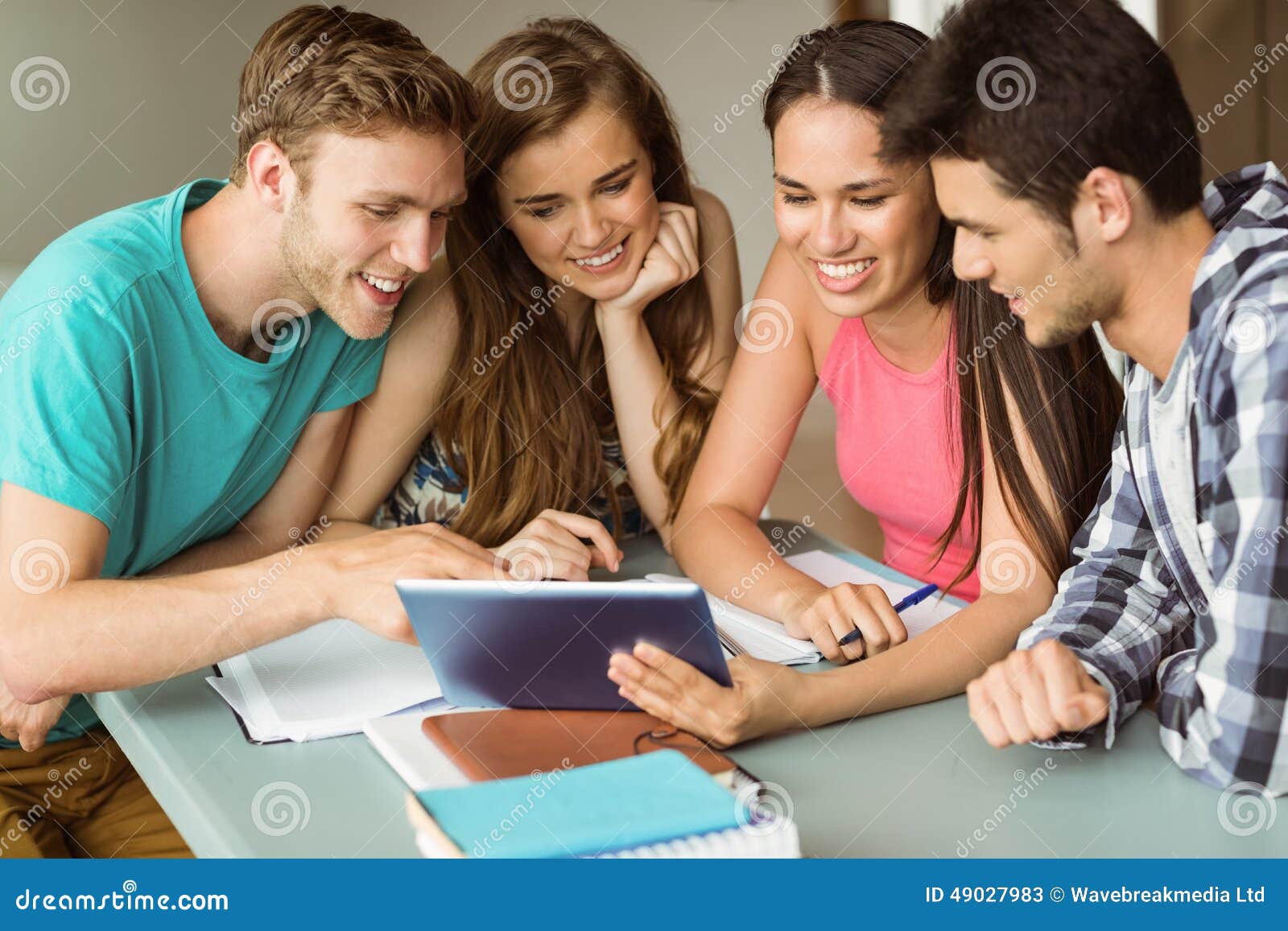 Smiling Friends Sitting Using Tablet Pc Stock Image - Image of ...