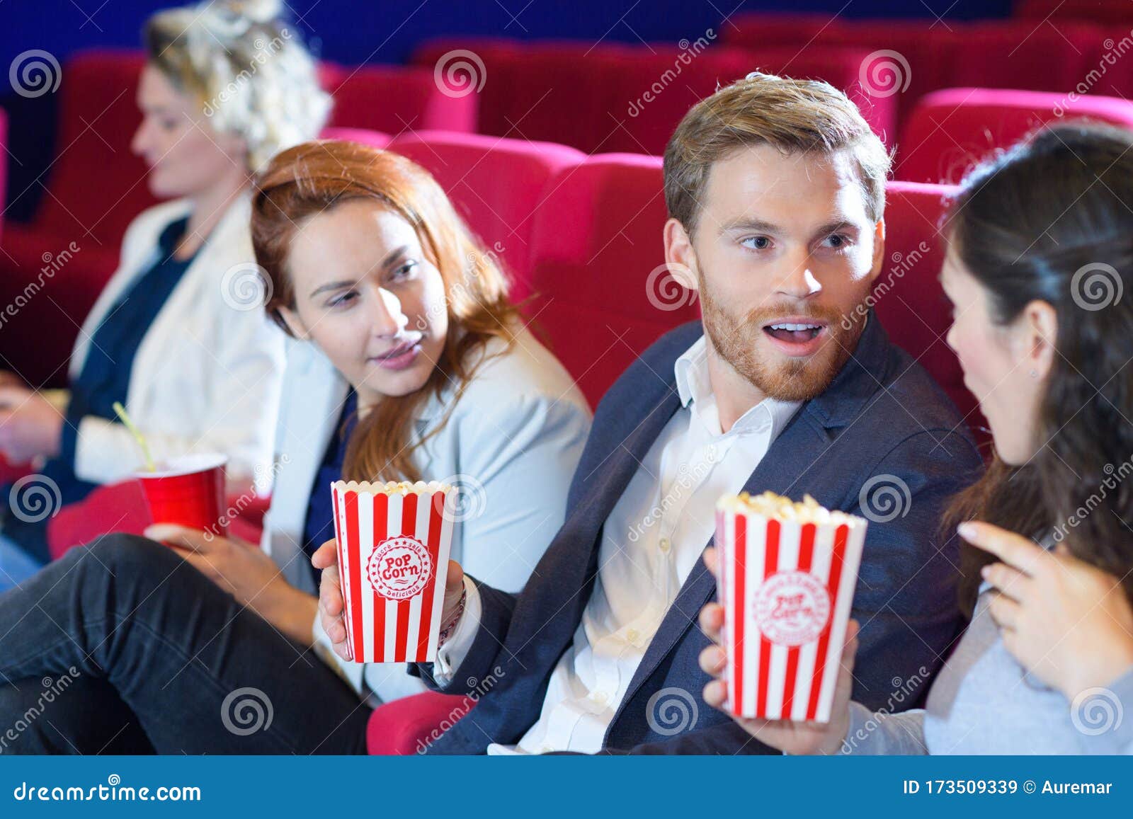 Smiling Friends Talking in Cinema Stock Image - Image of eyeglass ...