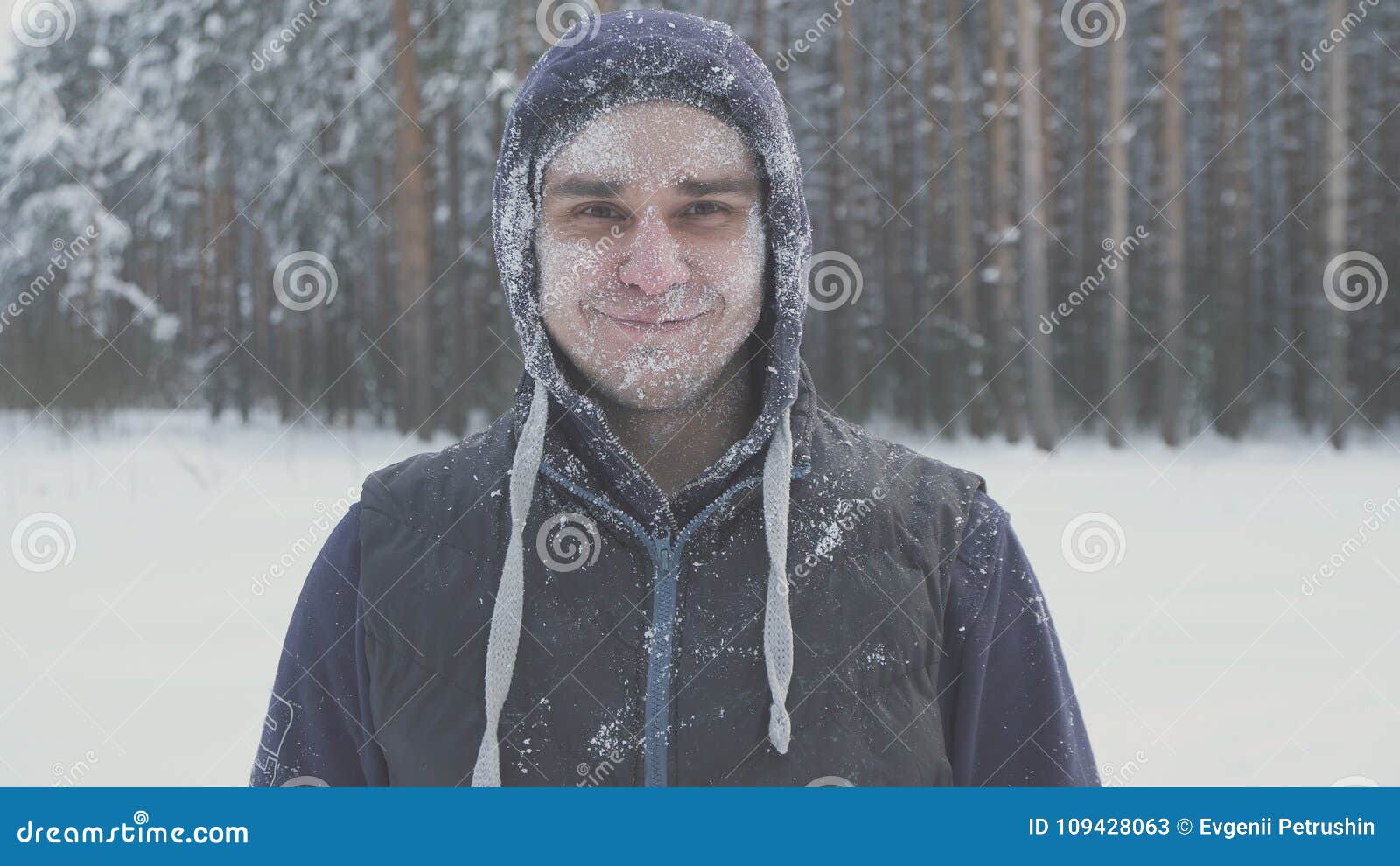 Smiling Frozen Man in the Snow Looking at the Camera in the Winter ...