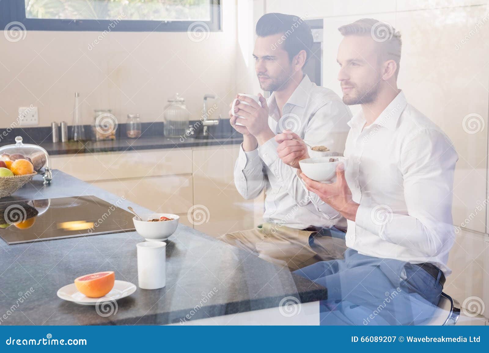 Smiling Gay Couple Having Breakfast Stock Image - Image of affection ...