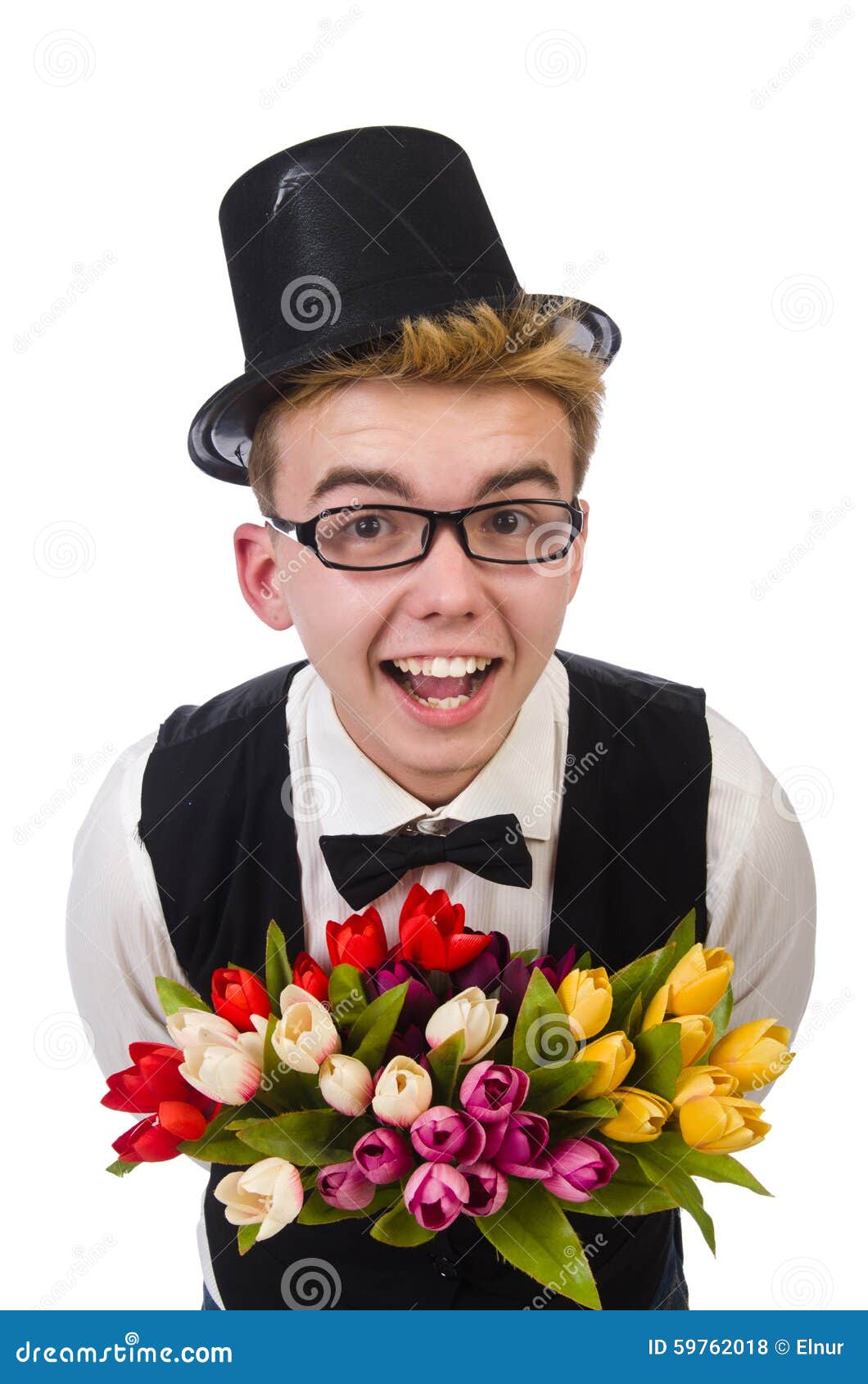 Smiling Gentleman with Flowers Isolated on White Stock Photo - Image of ...