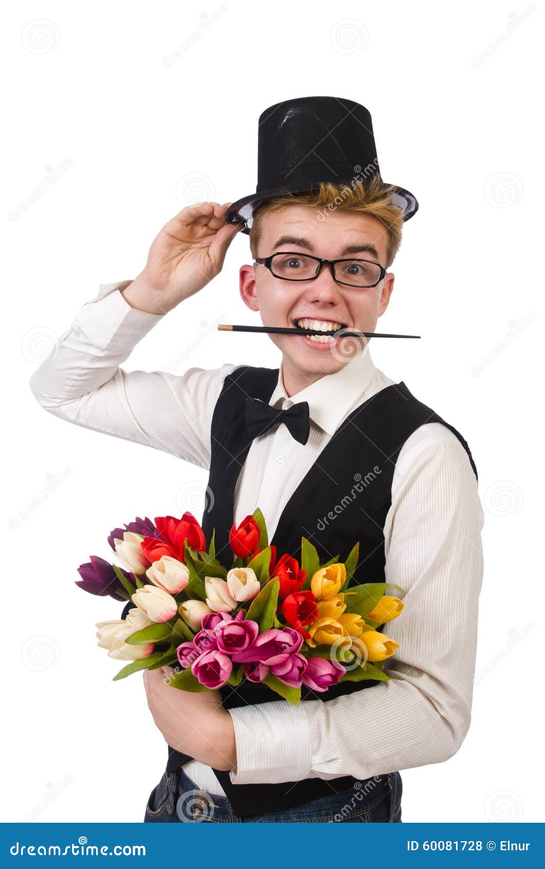 Smiling Gentleman with Flowers Isolated on White Stock Photo - Image of ...