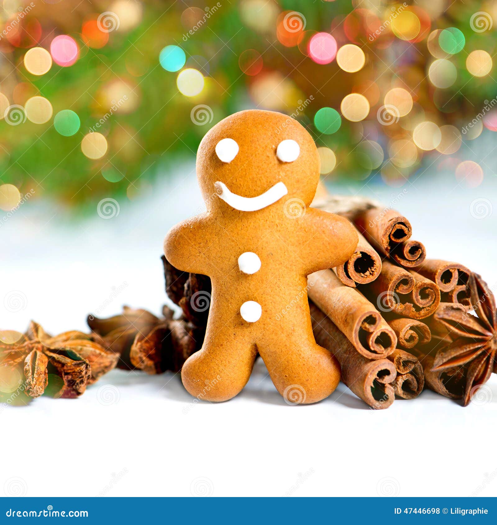 Smiling Gingerbread Man with Christmas Spices. Defocused Lights Stock ...