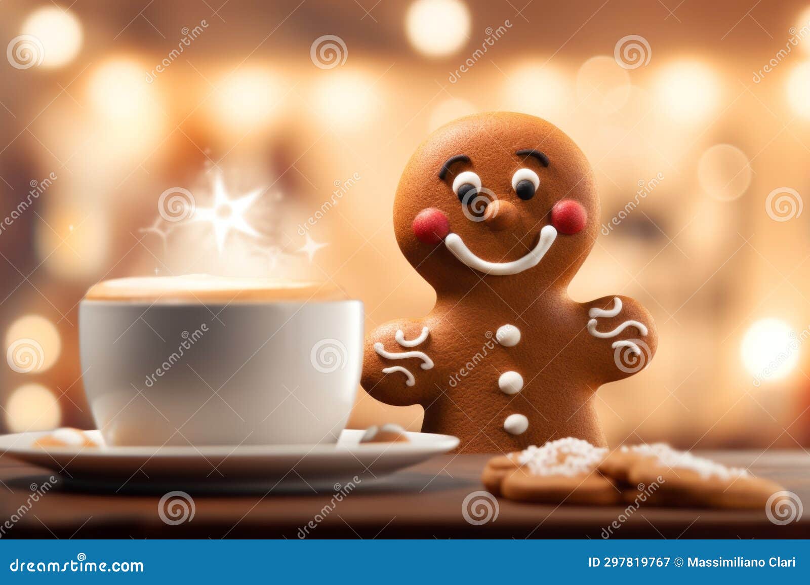 A Smiling Gingerbread Man beside a Steaming Cup of Hot Cocoa with ...