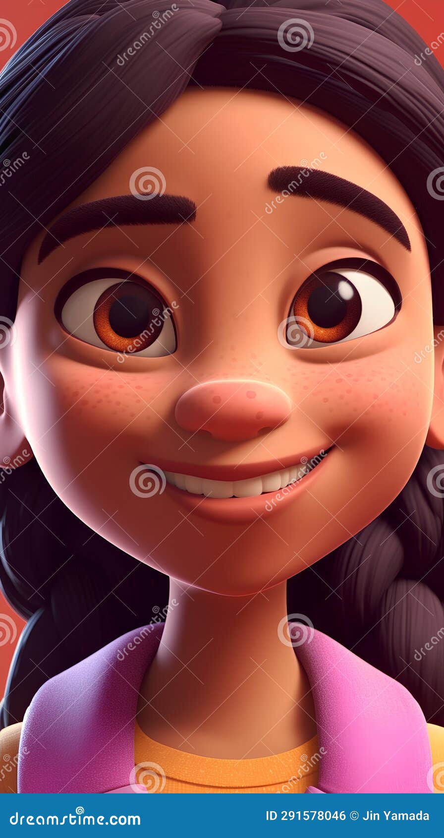 Smiling Girl With Big Eyes And Long Black Hair 3d Rendering Stock