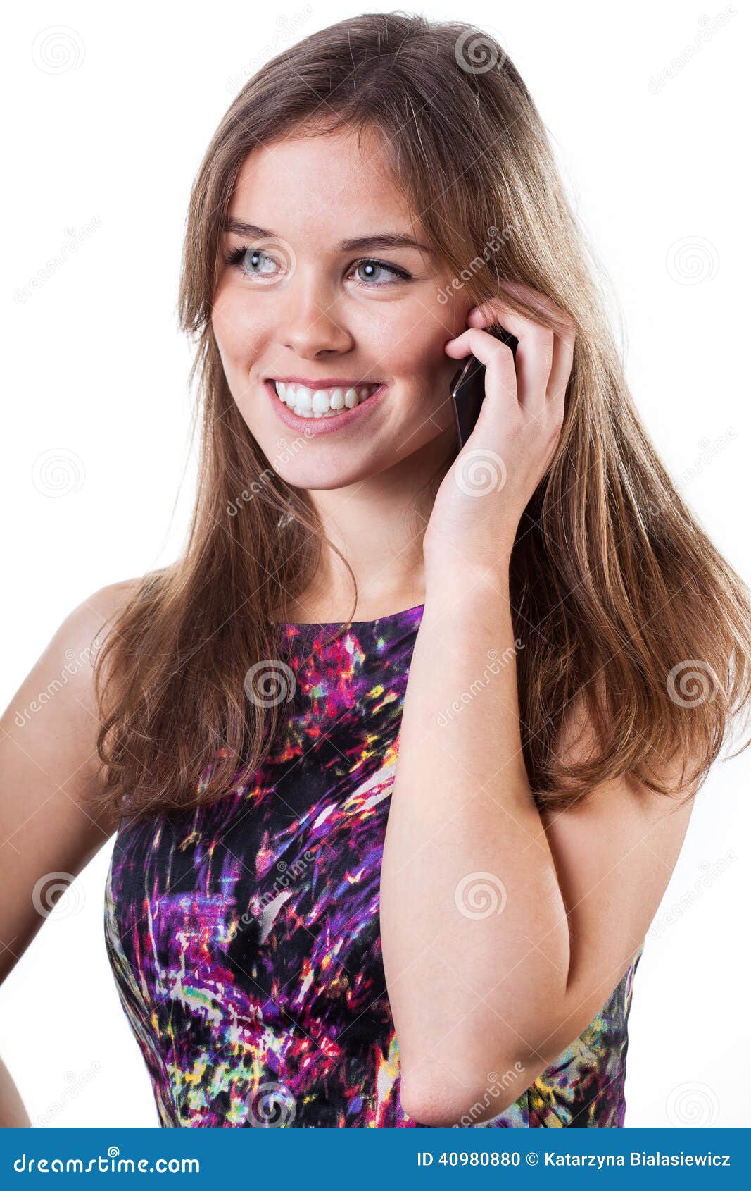 Smiling Girl Calling by Mobile Phone Stock Photo - Image of hair ...