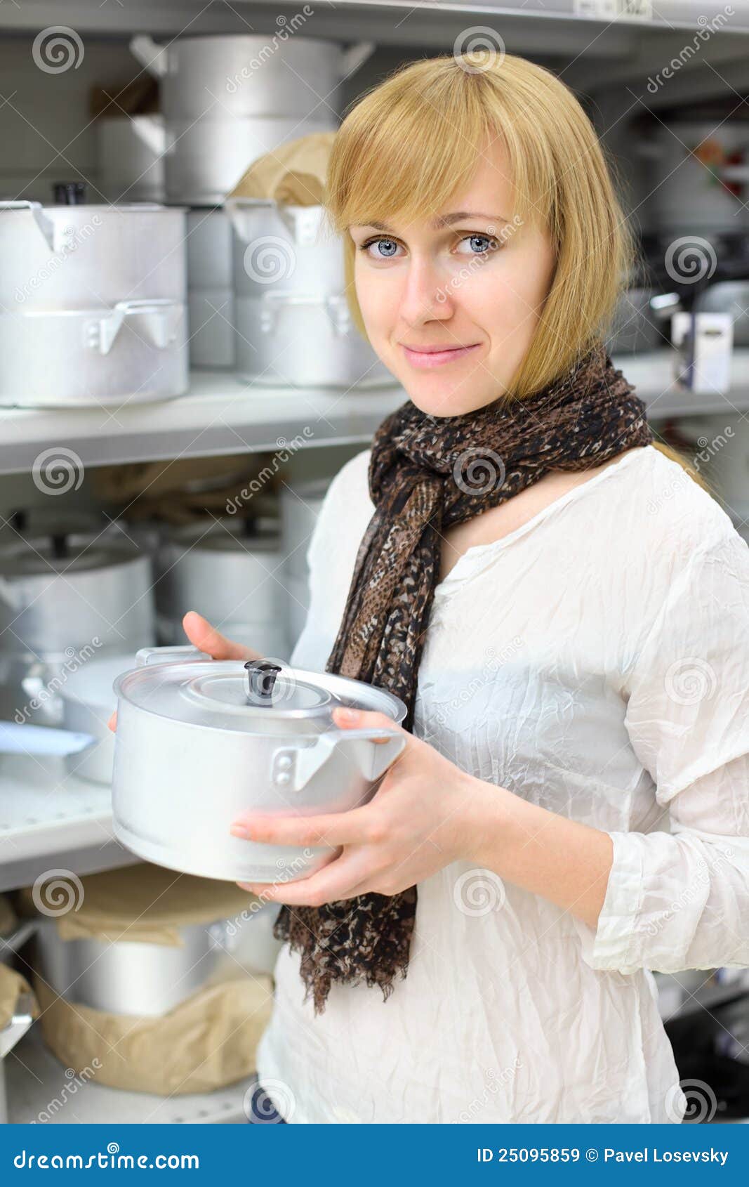 Smiling Girl Chooses Pan in Shop Stock Image - Image of hollow, girl ...