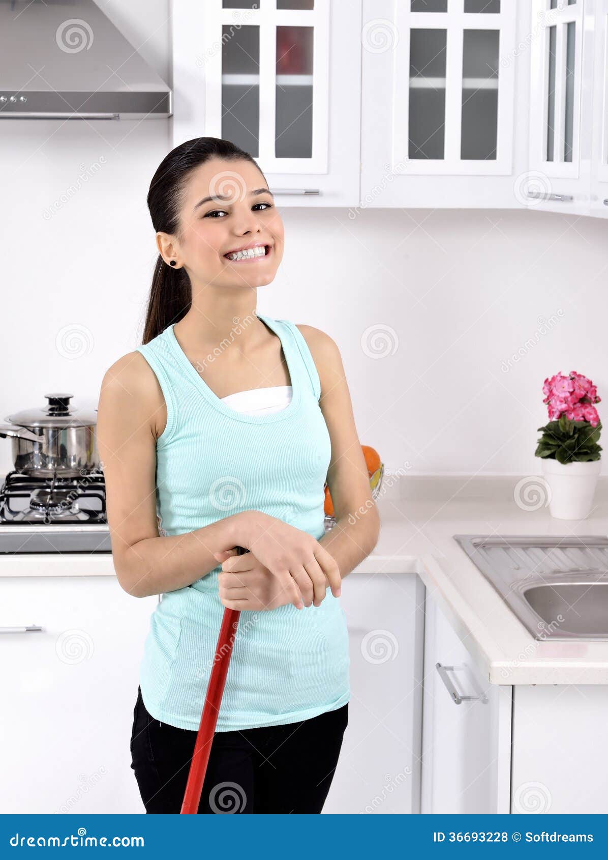 Smiling Girl Cleaning the House Stock Photo - Image of domestic, help ...