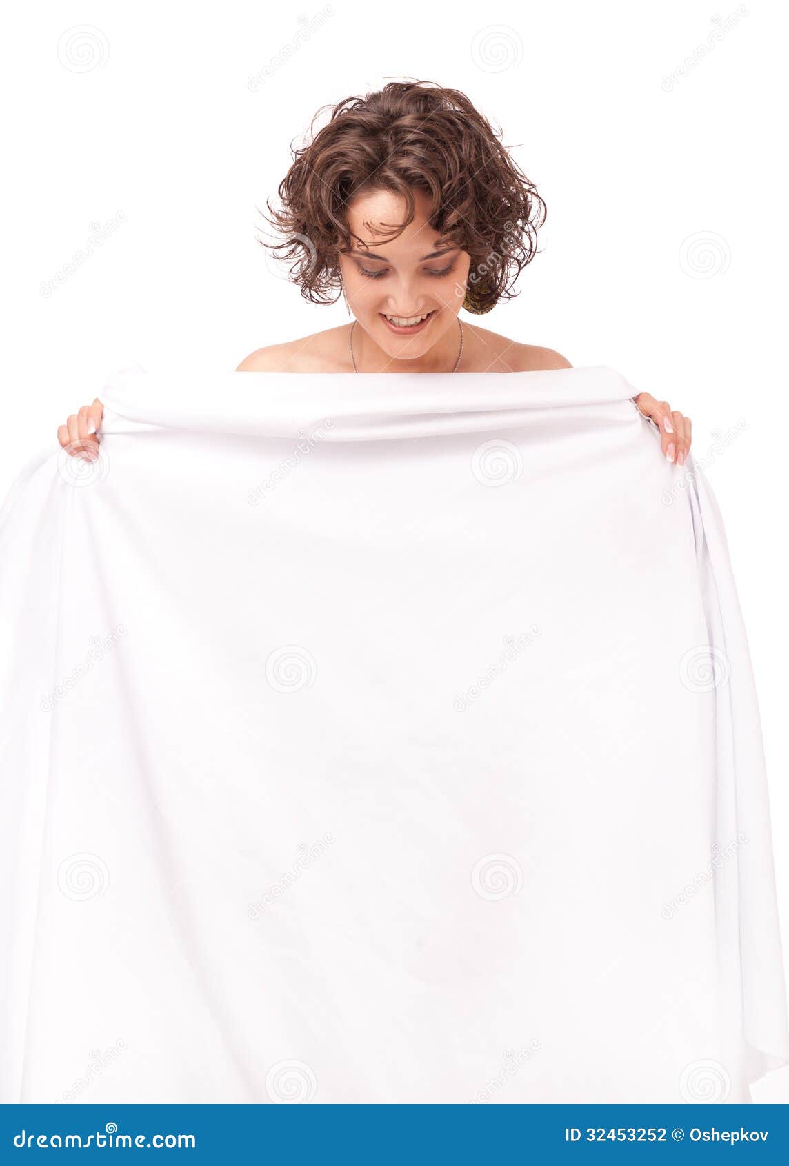 A Smiling Girl, Clothed a White Sheet Stock Photo - Image of blanket ...
