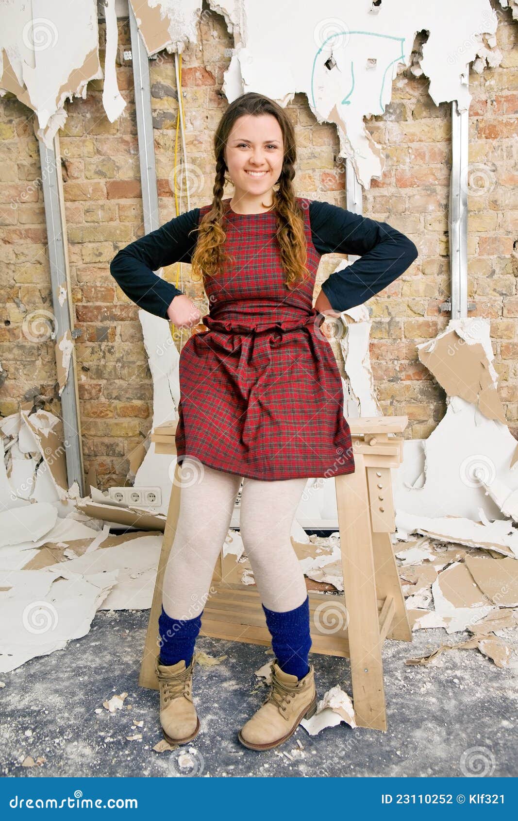 Smiling Girl in Destroyed Room Stock Photo - Image of inside, happy ...