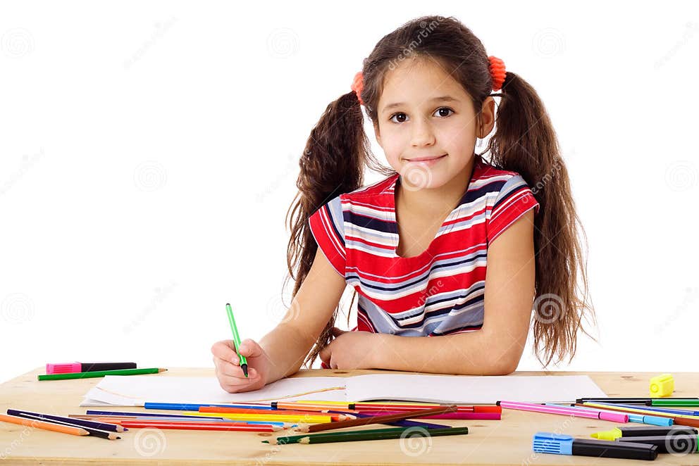 Smiling Girl Drawing in the Notebook Stock Image - Image of isolated ...