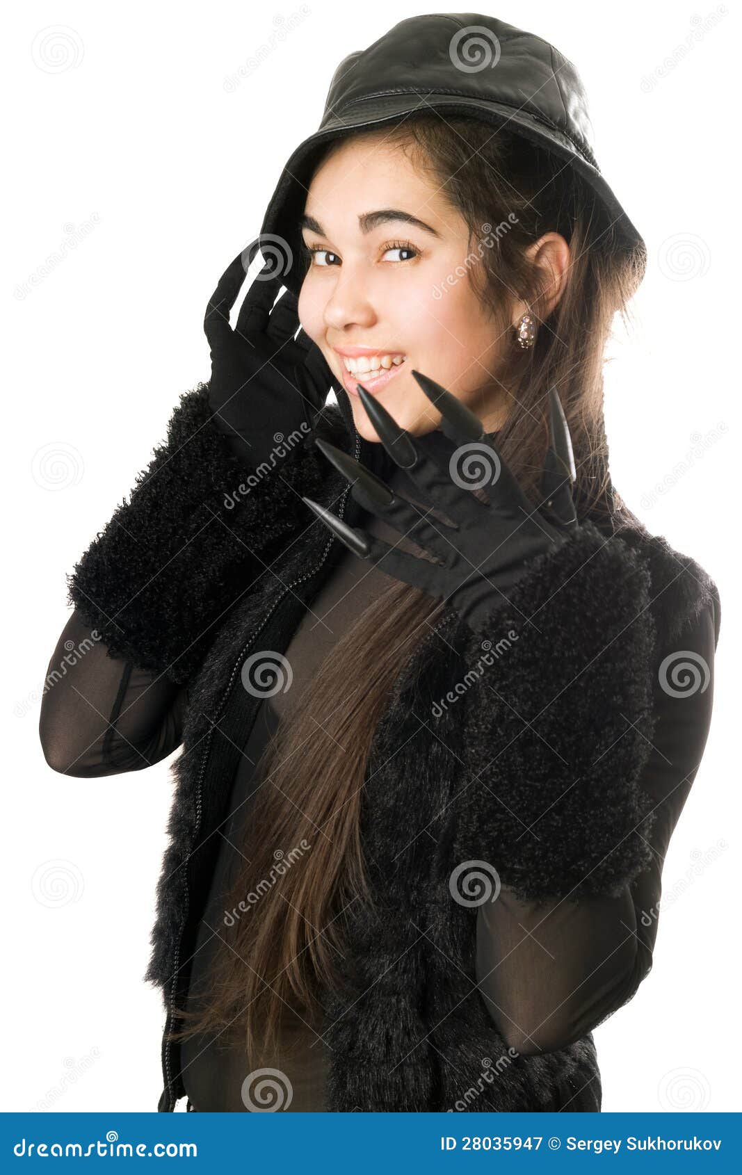 Smiling Girl in Gloves with Claws. Isolated Stock Image - Image of ...