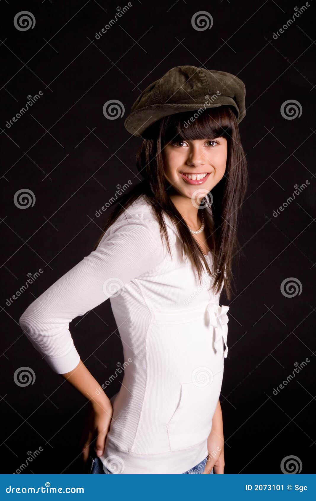 Smiling Girl in a Green Cap Stock Image - Image of child, brunette: 2073101