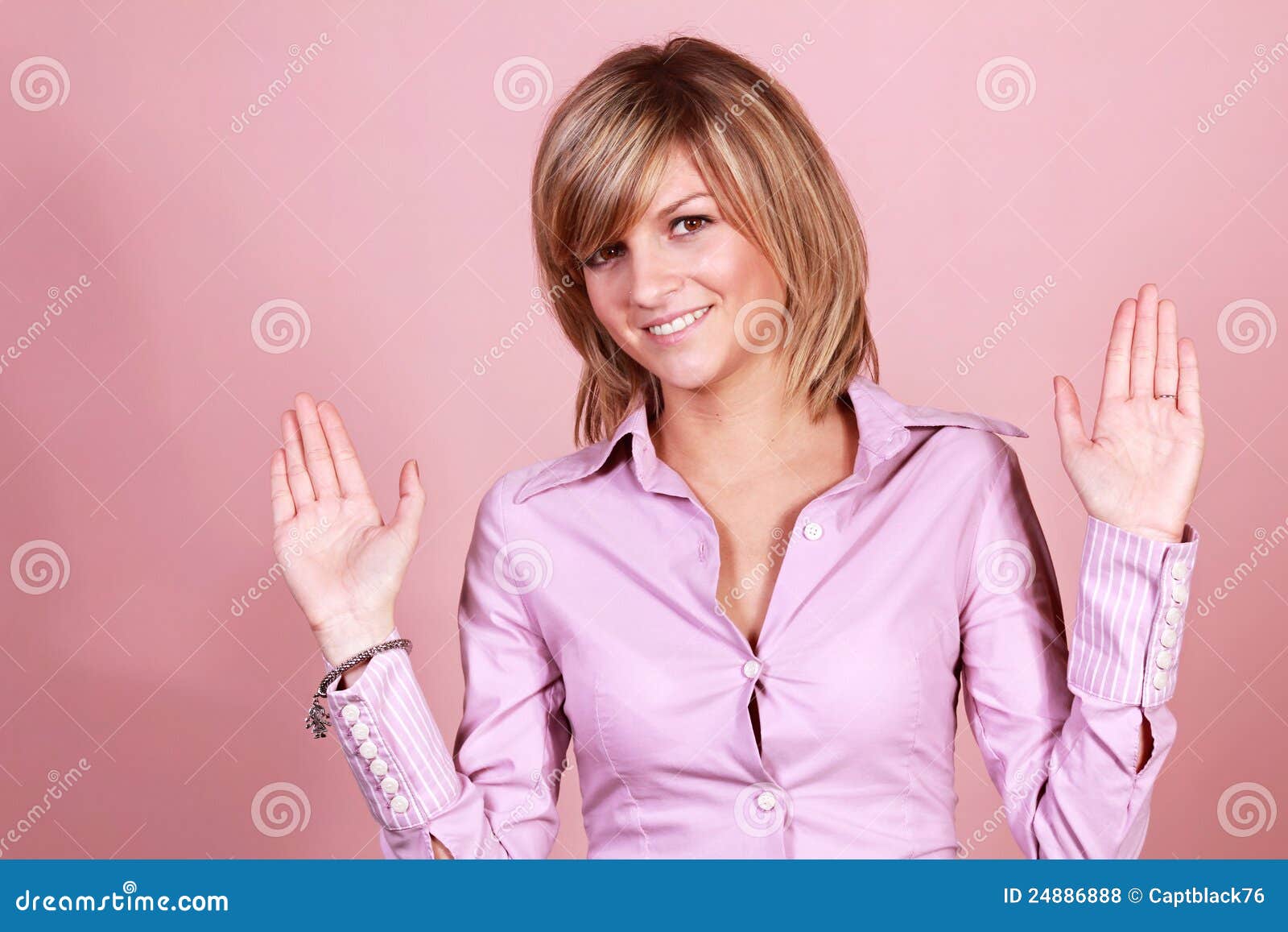 Smiling girl with hands up stock photo. Image of sign - 24886888