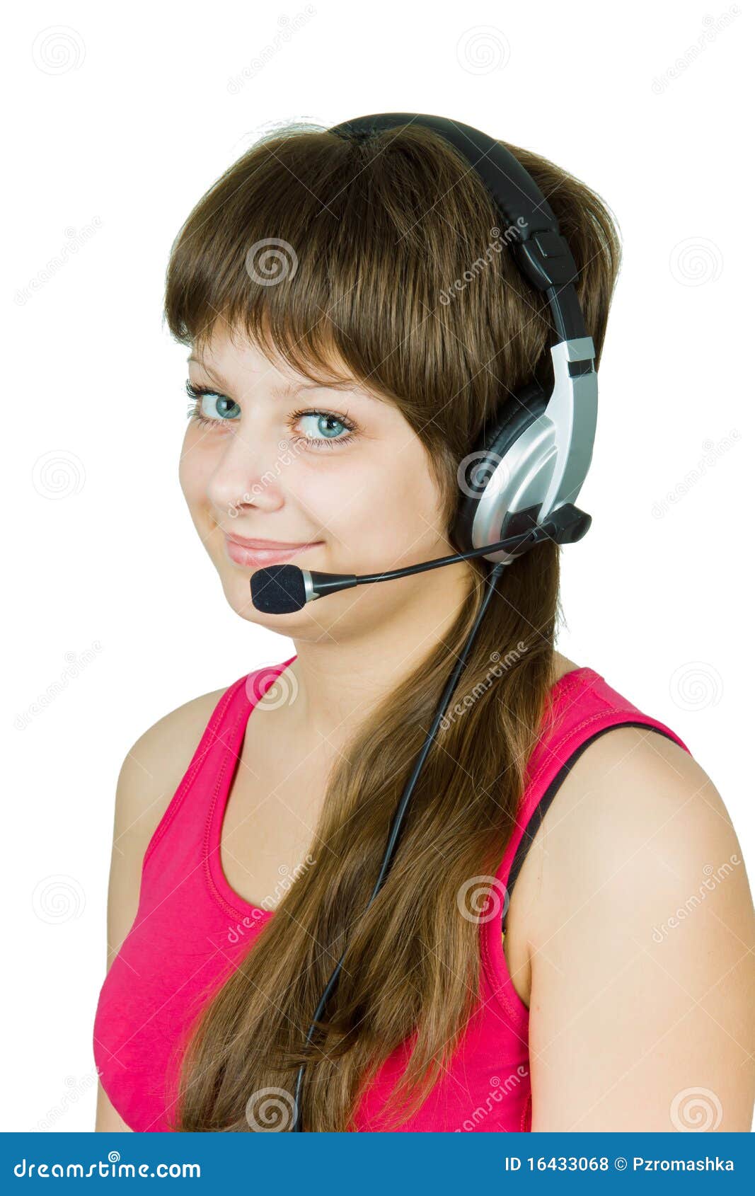 Smiling Girl in Headphones with Microphone Stock Photo - Image of blue ...