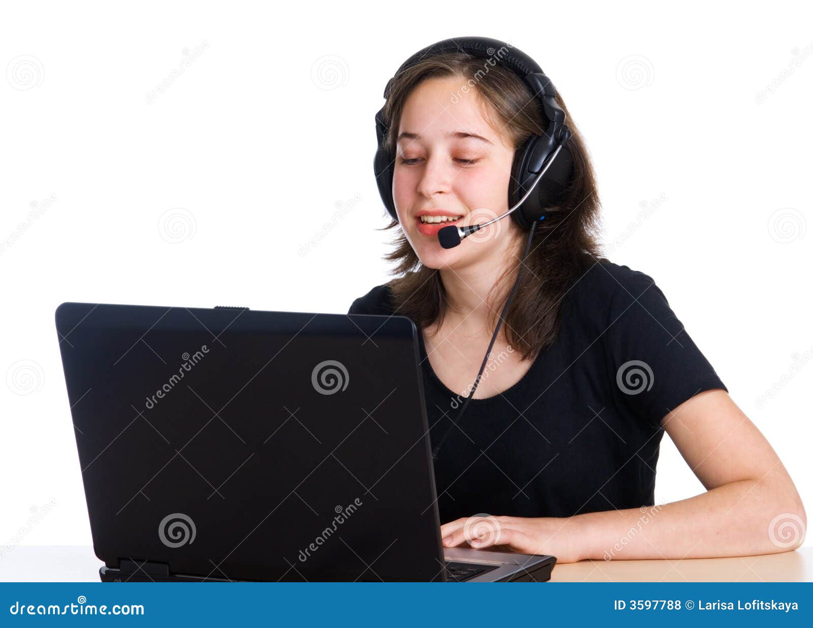 Smiling girl with headset stock photo. Image of adolescence - 3597788