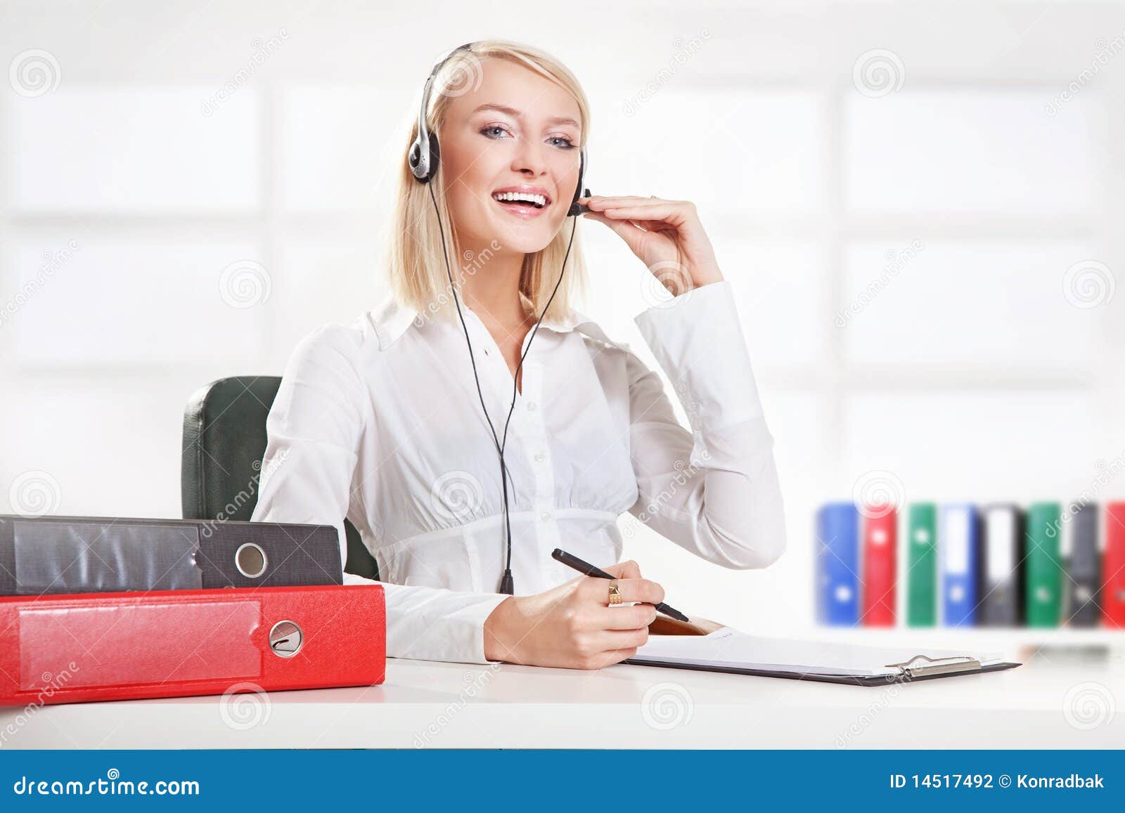 Smiling Girl with Headset Phone Stock Photo - Image of agent, glasses ...