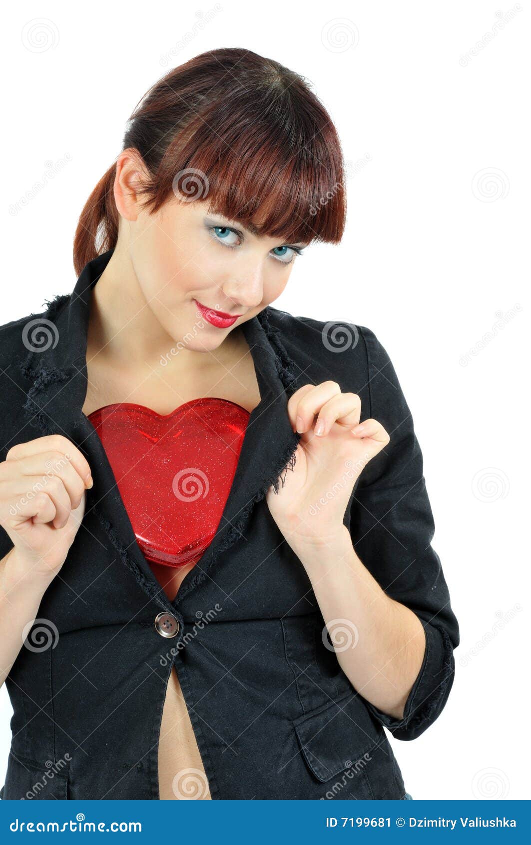 Smiling Girl Hiding Heart Under Coat Stock Image - Image of happy ...