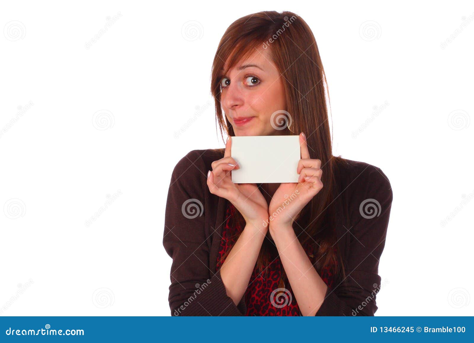 Smiling Girl Holding a Blank Note-card, Isolated Stock Image - Image of ...