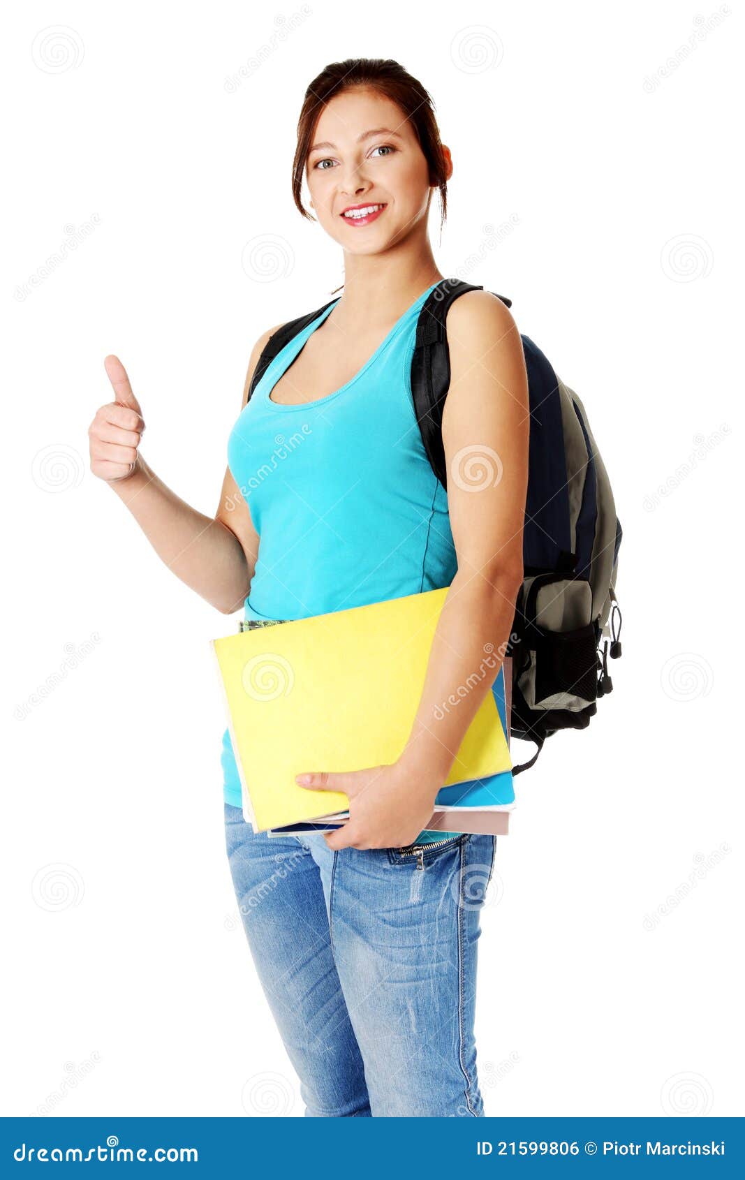 Smiling Girl Holding Notes and Showing Thumb Up Stock Photo - Image of ...