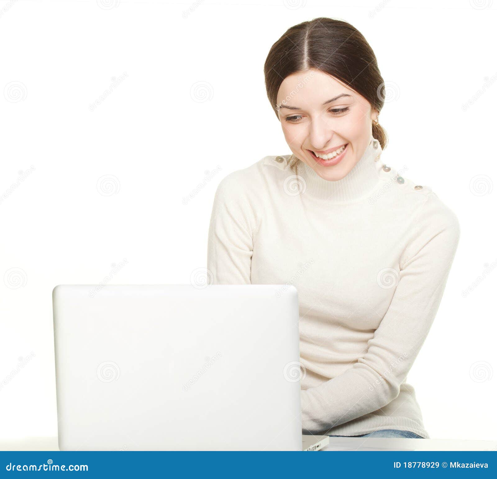 Smiling girl with laptop stock image. Image of reading - 18778929