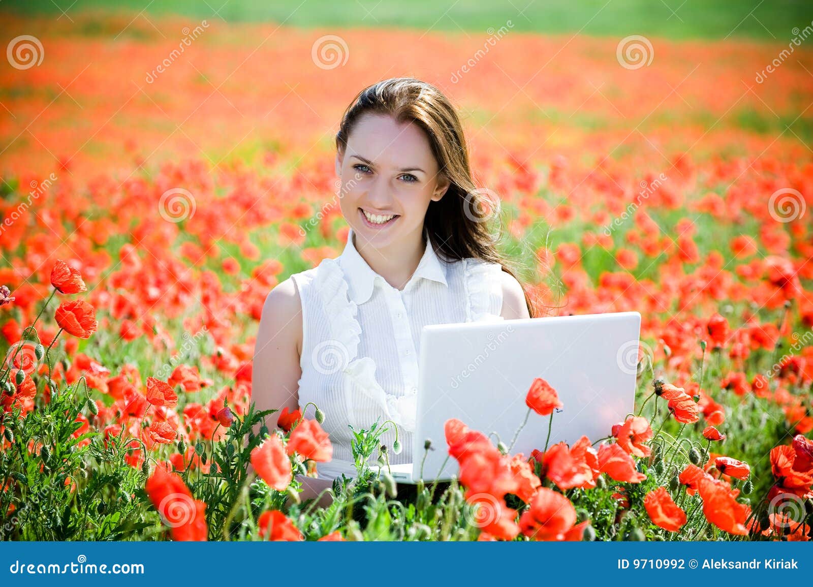 Smiling girl with laptop stock photo. Image of green, beauty - 9710992