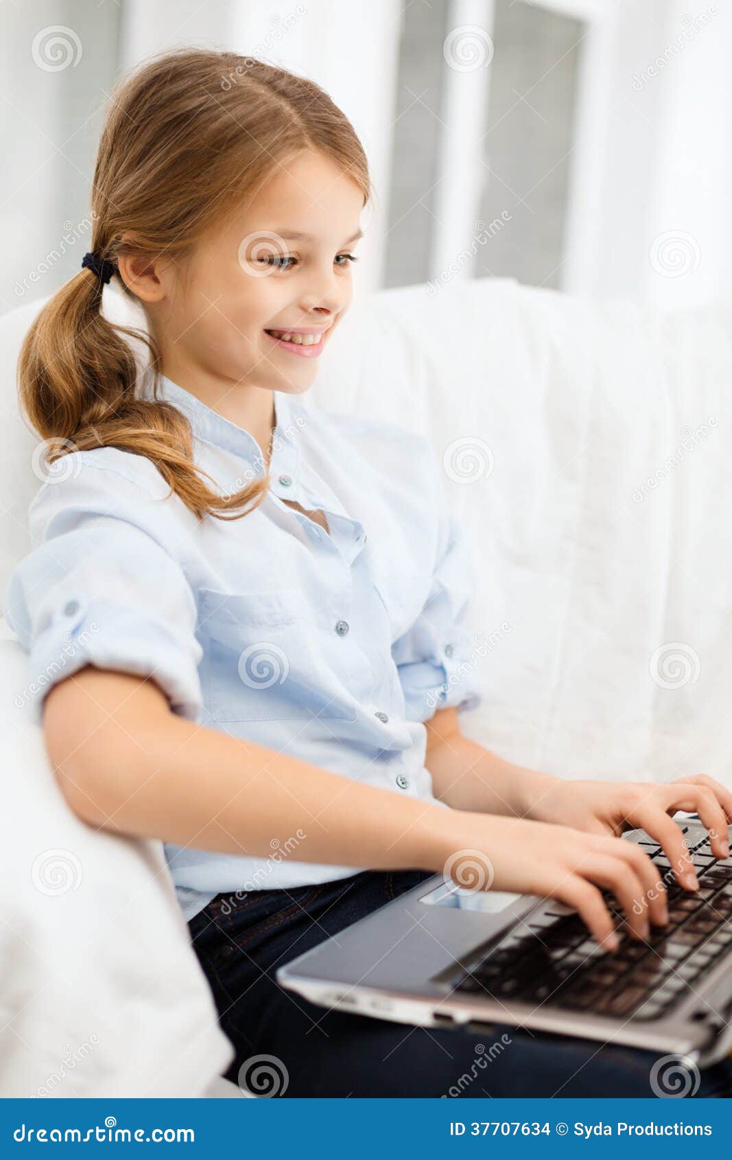 Smiling Girl with Laptop Computer at Home Stock Photo - Image of games ...