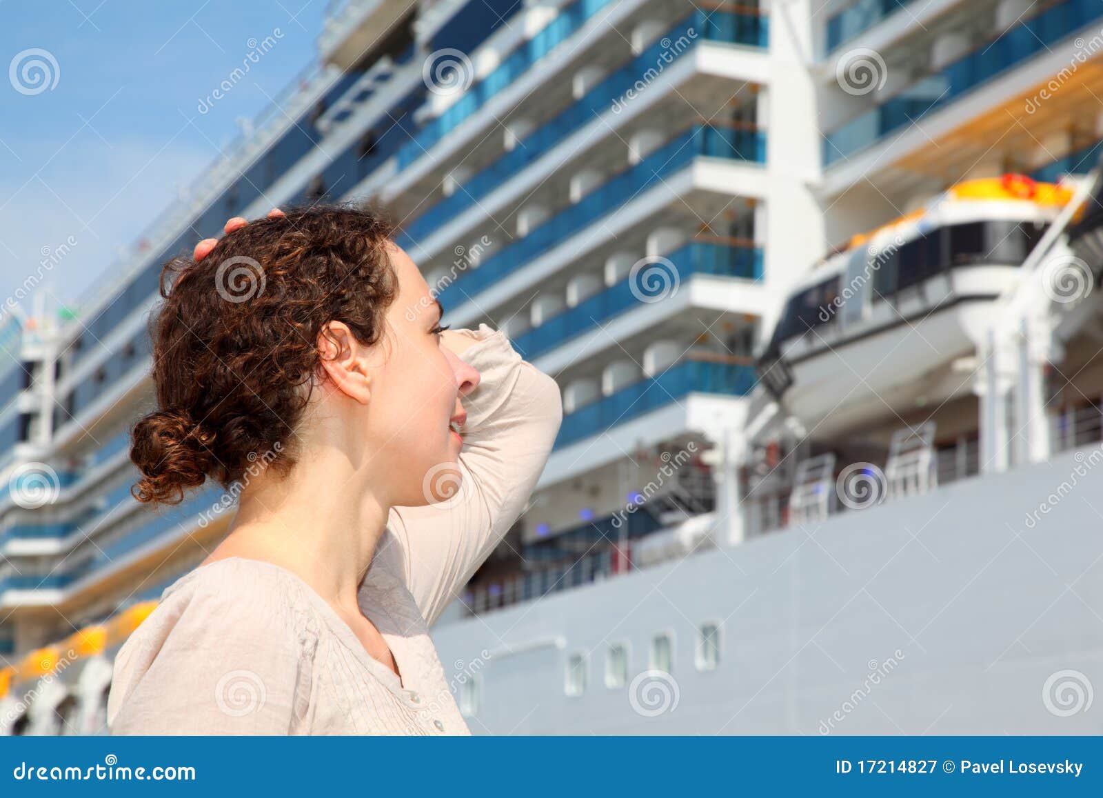 Smiling Girl Look at the Big Cruise Ship Stock Image - Image of deck ...