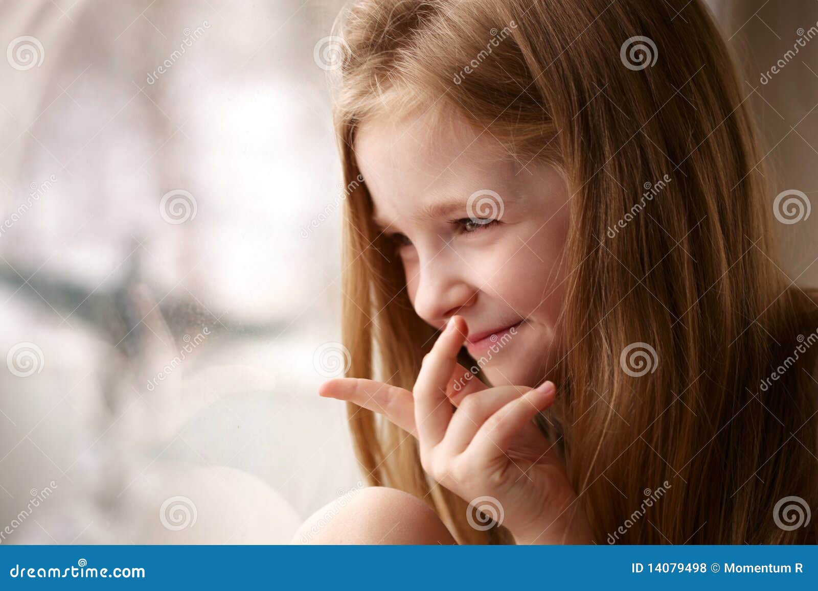 Smiling Girl Looking at Window Stock Photo - Image of point, expression ...