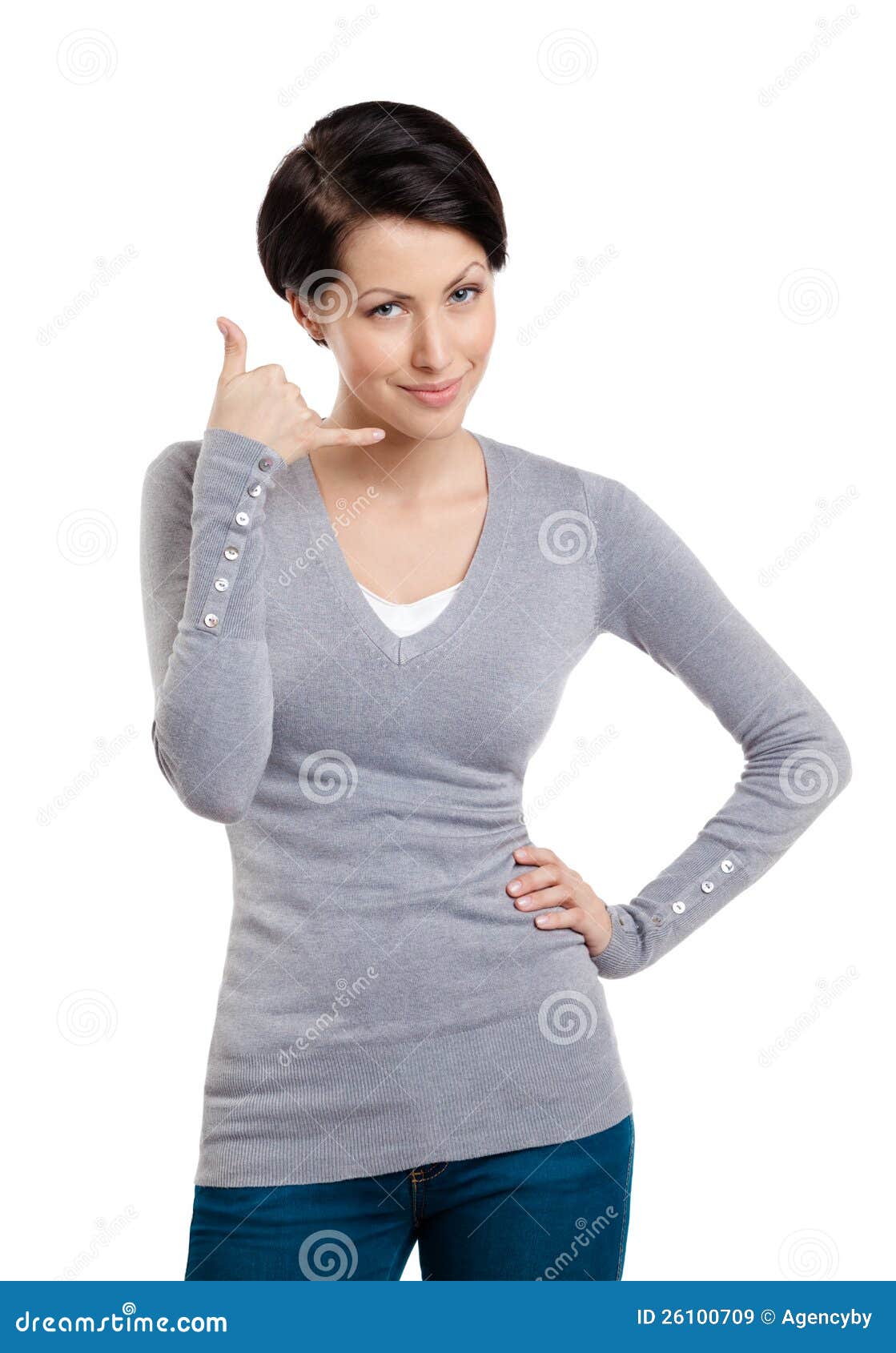 Smiling Girl Makes a Phone Call Gesture Stock Image - Image of hair ...