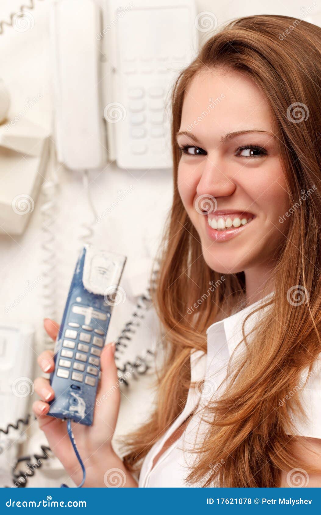 Smiling Girl with Old Phone Stock Photo - Image of call, phones: 17621078