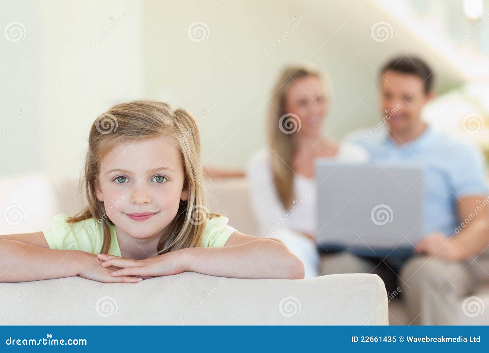 Smiling Girl with Parents Behind Her Stock Image - Image of happiness ...