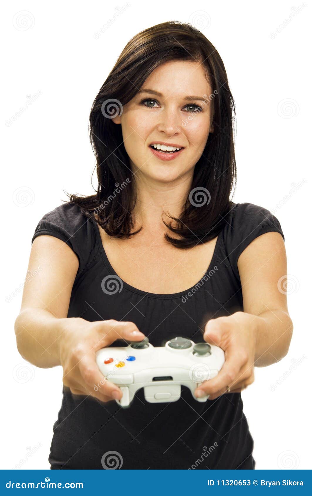 Smiling Girl Playing Video Game Stock Image - Image of control, brown ...
