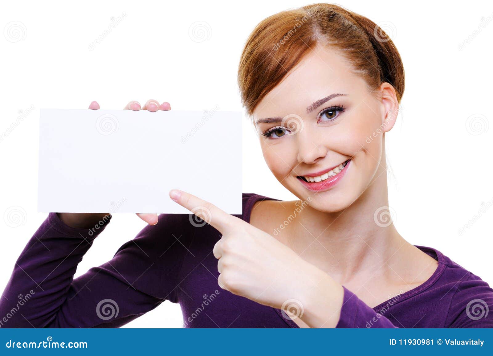Smiling Girl Pointing on the Blank Card Stock Image - Image of message ...