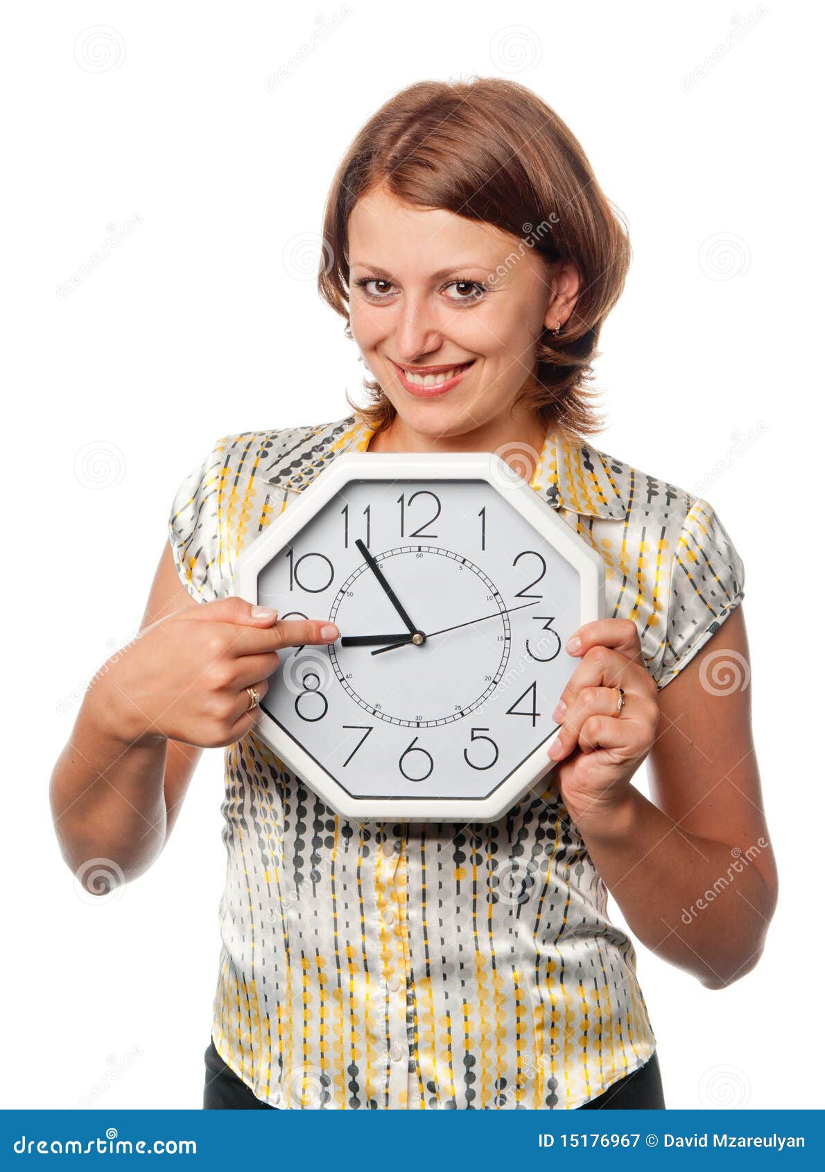 Smiling Girl Points a Finger at Clock Stock Image - Image of caucasian ...