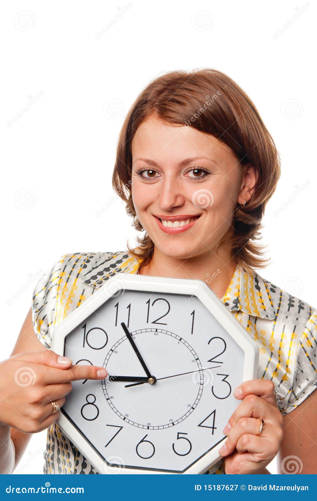 Smiling Girl Points a Finger at Clock Stock Image - Image of forefinger ...