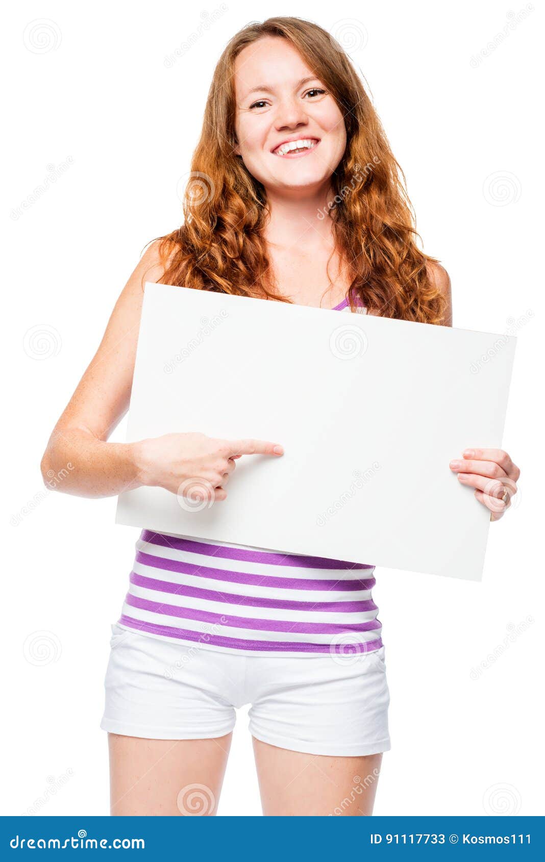 Smiling Girl with Poster in Her Hands Presents Blank Stock Image ...