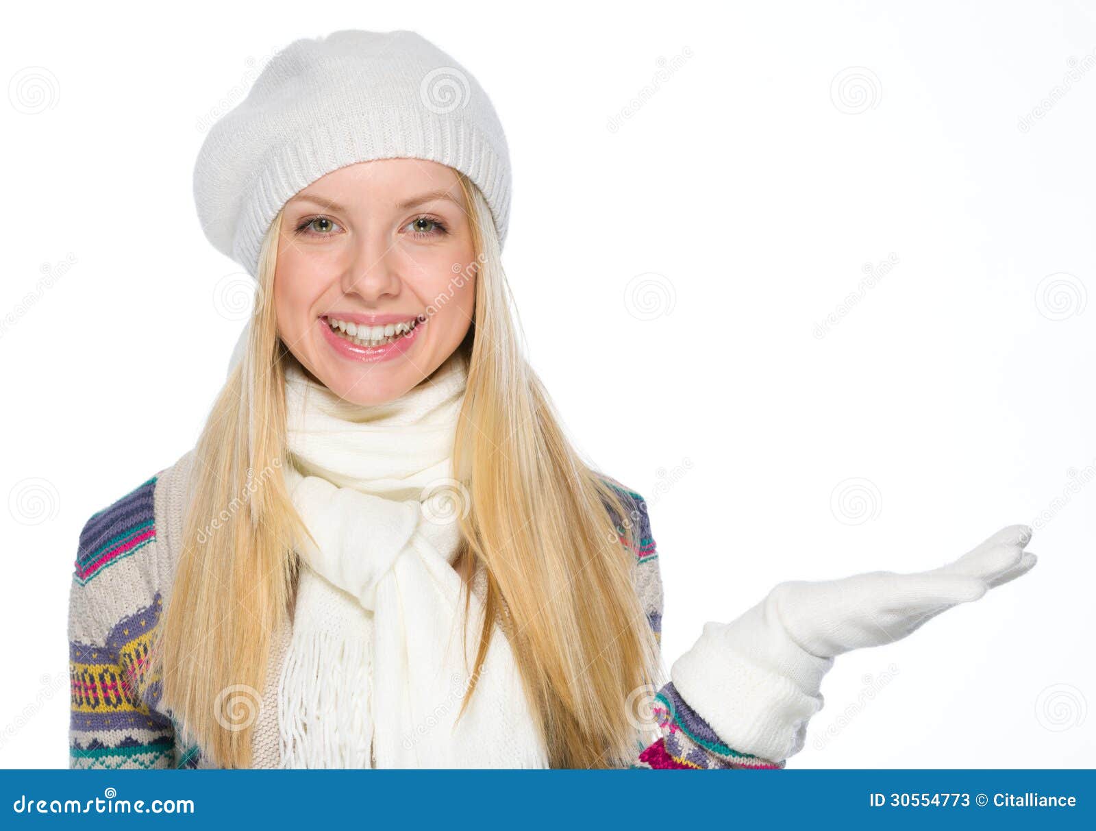 Smiling Girl Presenting Something on Empty Hand Stock Image - Image of ...