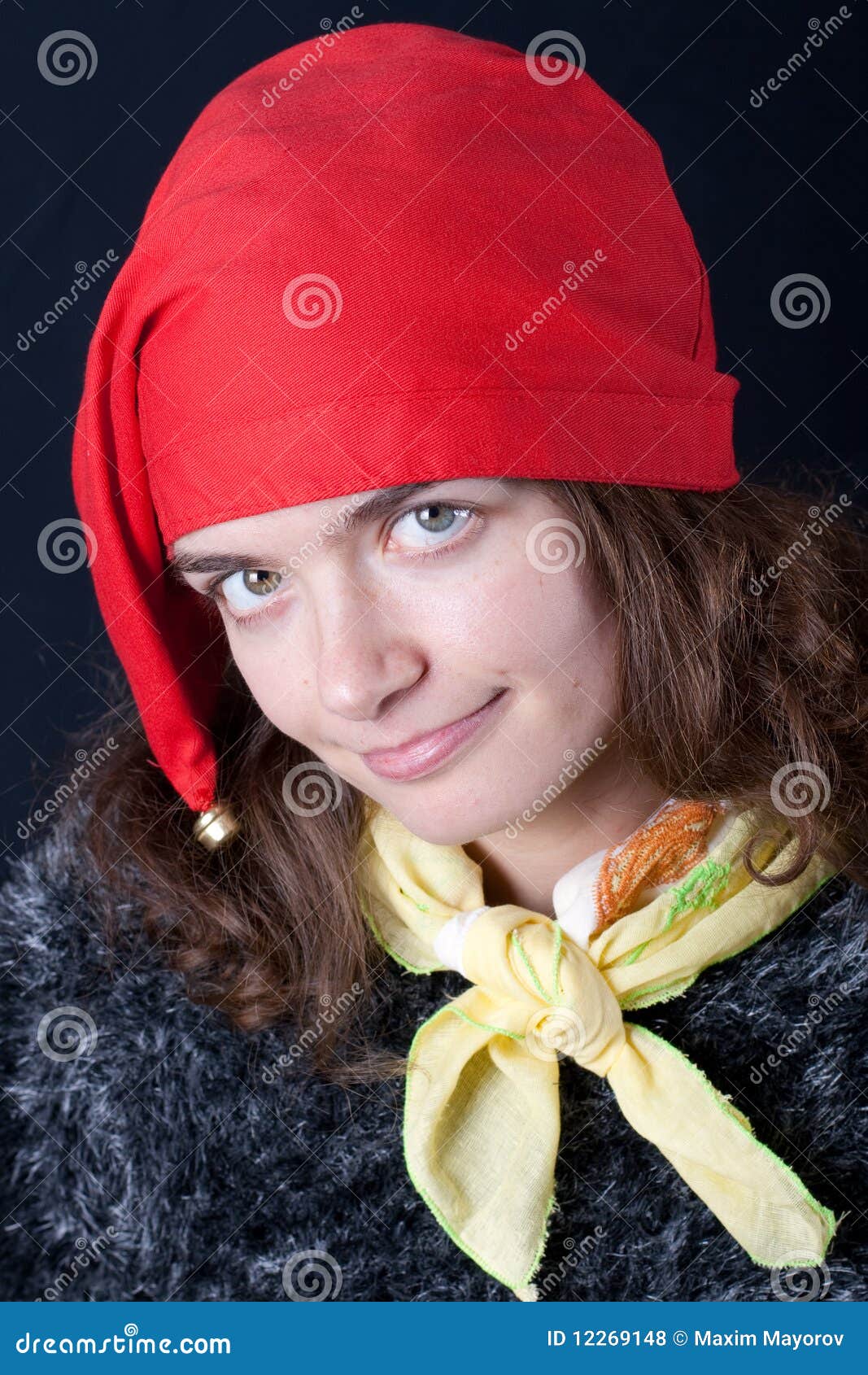 Smiling Girl in Red Gnome Hat Stock Photo - Image of brunette, necktie ...