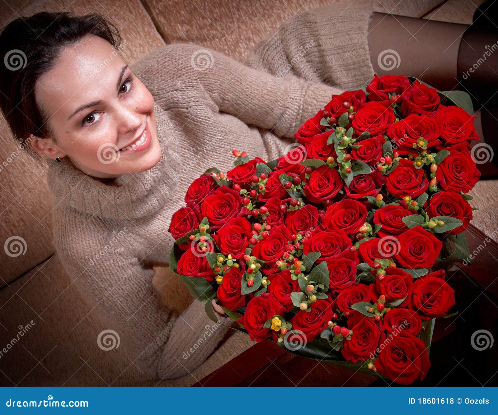 Smiling girl and red roses stock photo. Image of romantic - 18601618