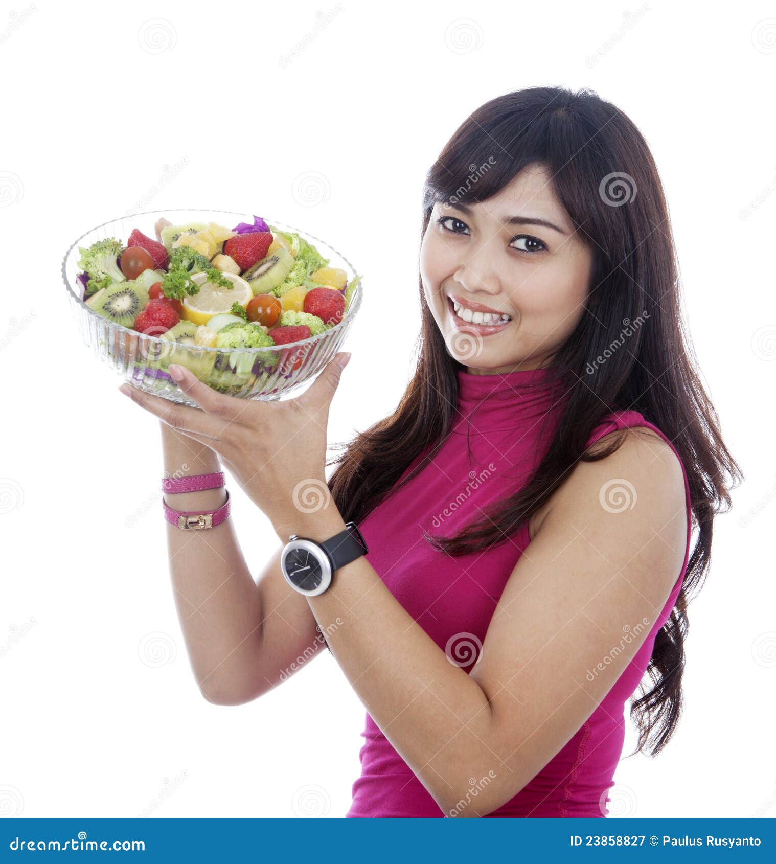 Smiling girl with salad stock image. Image of girl, dinner - 23858827