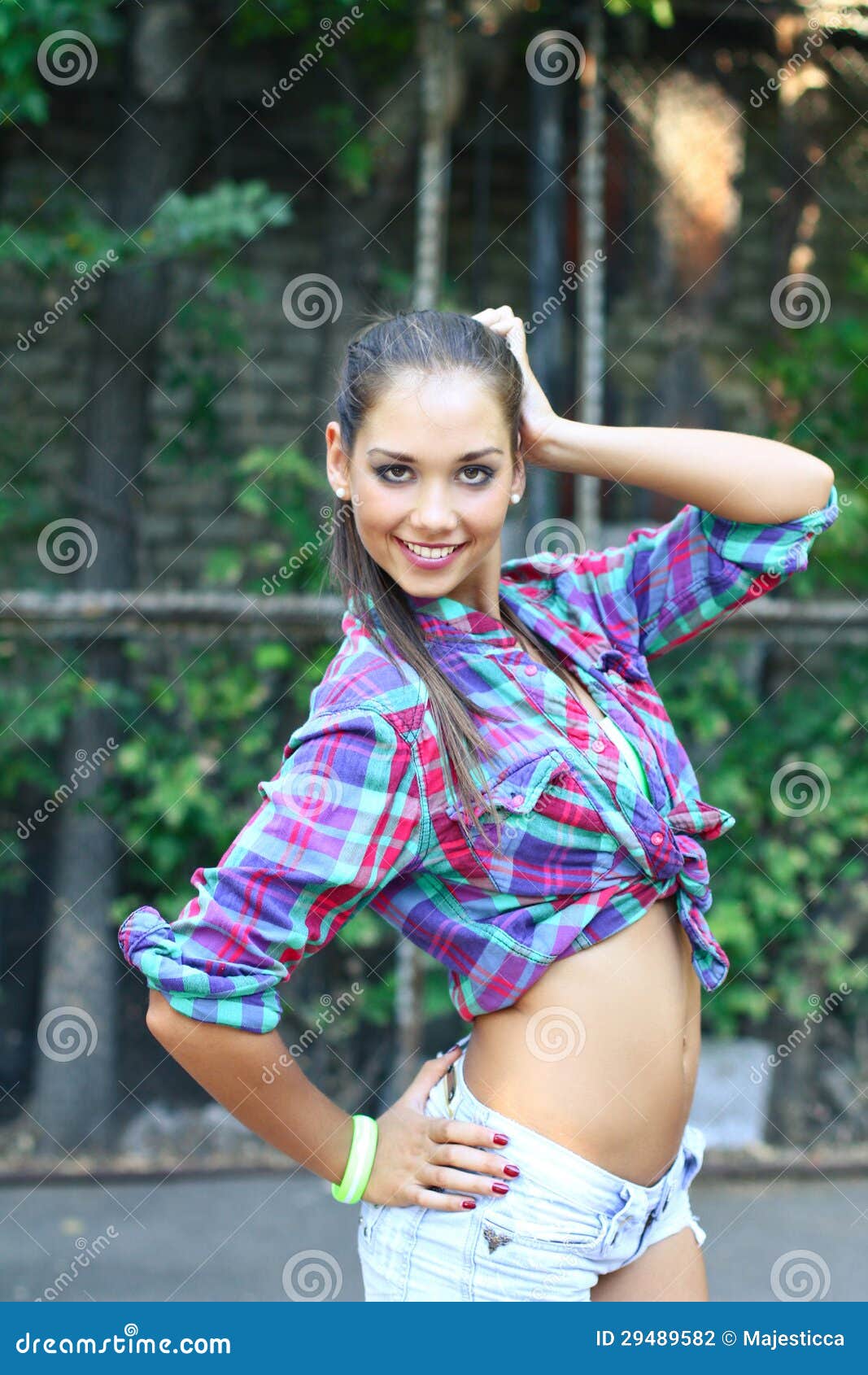 Smiling Girl in Shorts Outdoors in Summer Stock Photo - Image of female ...