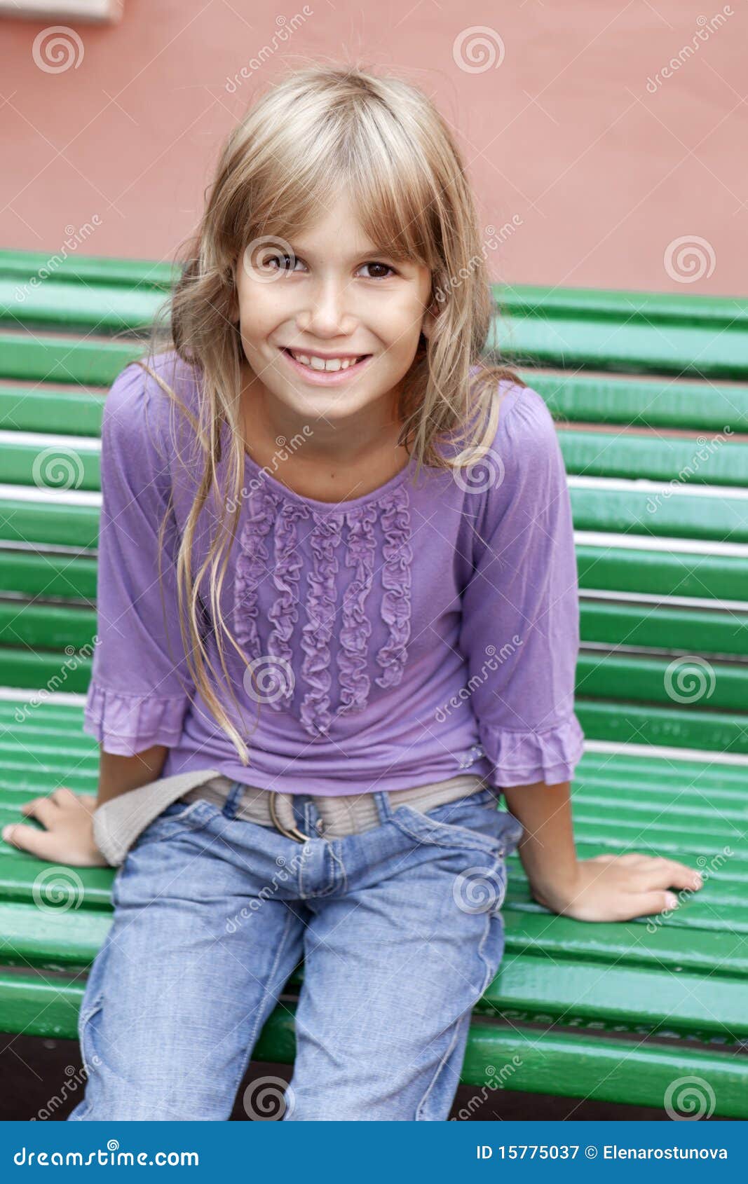 Smiling Girl Sitting on Bench Stock Image - Image of hair, smile: 15775037