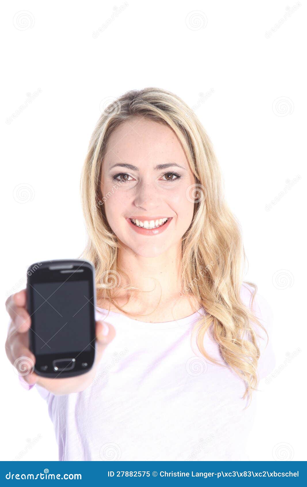 Smiling Girl with a Smartphone Stock Image - Image of woman, extended ...