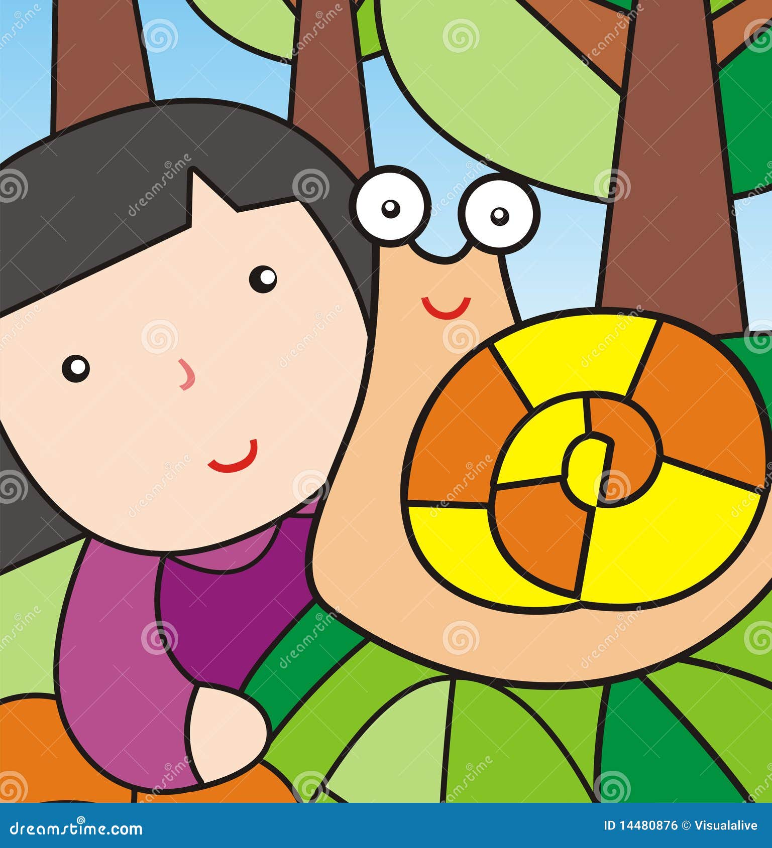 A smiling girl and a snail stock illustration. Illustration of nature ...