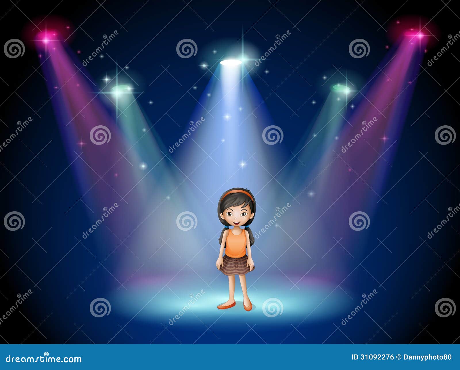 A Smiling Girl Standing on the Stage with Spotlights Stock Vector ...