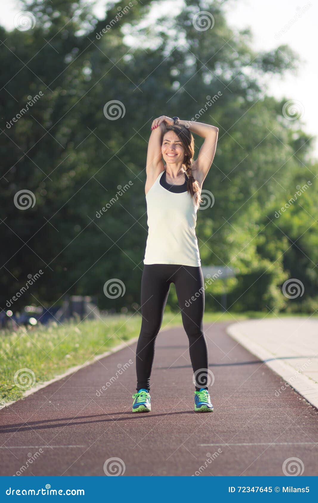 Smiling girl stretch arm. stock image. Image of smile - 72347645