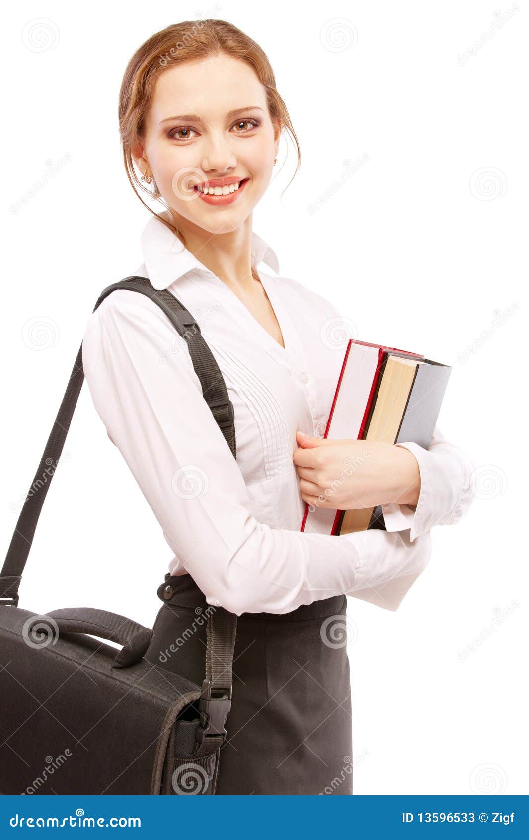 Smiling Girl-student With Textbooks And Portfolio Stock Photos - Image ...