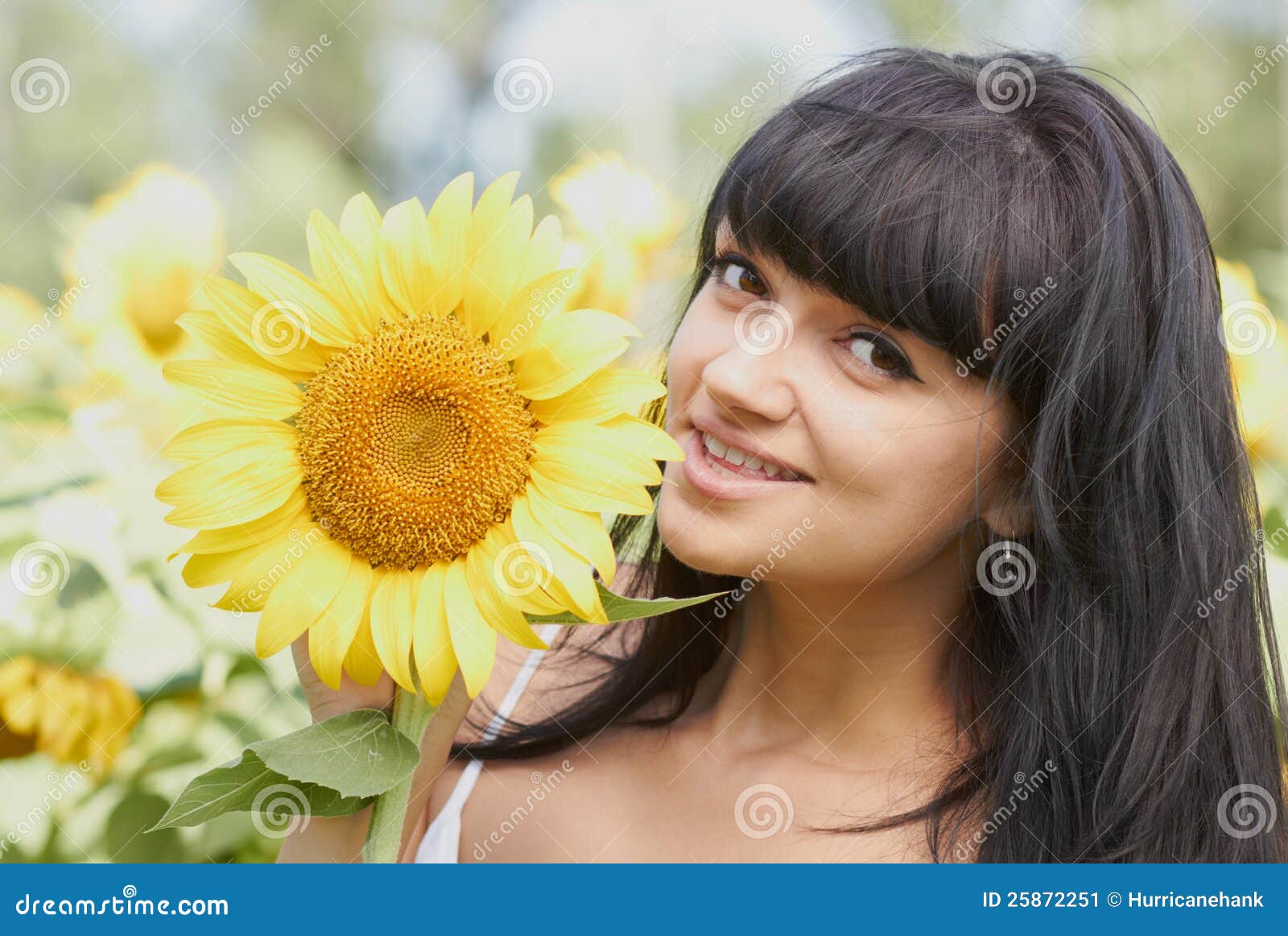 Smiling Girl with Sunflower Outdoors Stock Image - Image of attractive ...